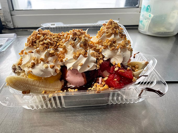 A banana split that looks like it stepped out of a Norman Rockwell painting, whipped cream and all.