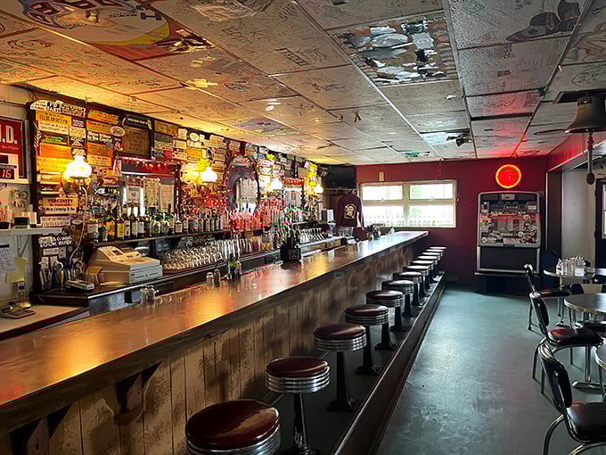 The Pioneer Bar side offers a glimpse into local Haines life, where stories flow as freely as the drinks across that well-worn wooden counter.