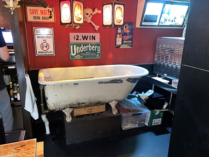 Yes, that's a bathtub repurposed for beer storage. When your drinks need to chill in style, only porcelain will do.