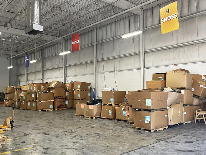 Behind the scenes, boxes await their turn to reveal their contents. Like a restaurant prep kitchen, this is where the magic begins.