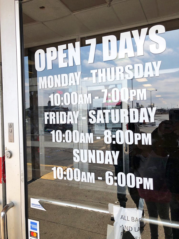 The hours posted like a promise&mdash;seven days of treasure hunting possibilities, because bargain archaeology waits for no one.