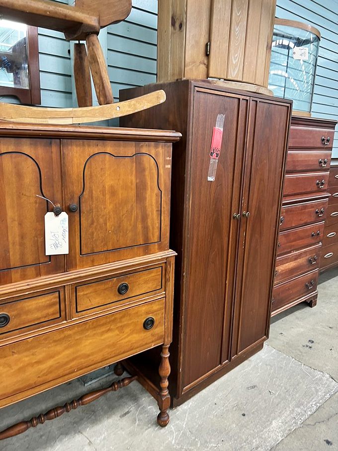 Solid wood furniture with stories to tell&mdash;these cabinets have likely seen more family dinners than most food critics.