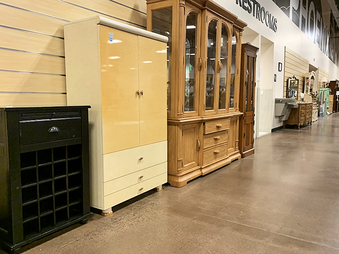 The well-organized display area showcases furniture vignettes that help shoppers envision these second-chance pieces bringing new life to their own living spaces.