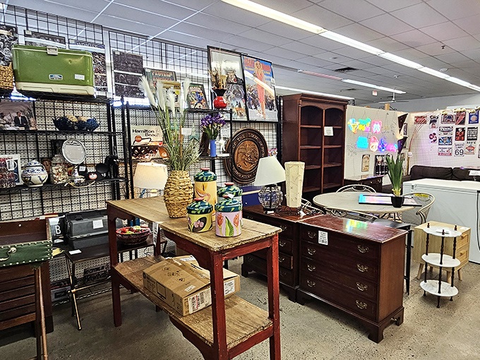 Furniture vignettes create little worlds within worlds—each table, lamp, and vase waiting for its second chance at making a house a home.