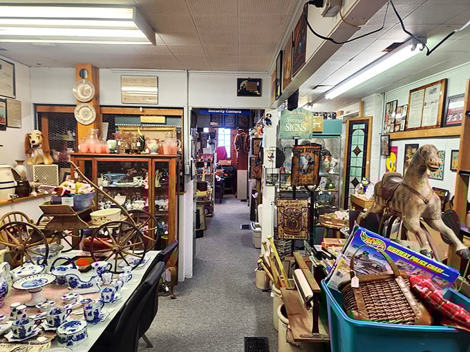 Every aisle offers a different decade, with blue willow china sharing space with Hot Wheels and wooden puzzles.