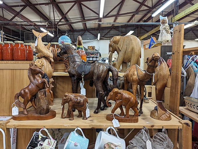 A menagerie of wooden animals, each carved with personality and patience. From elephants to horses, this Noah's Ark of art awaits adoption.