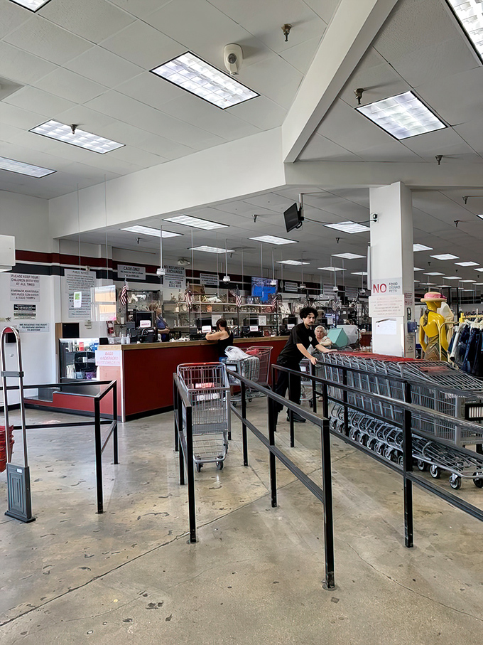 Even the checkout area maintains that no-frills efficiency that keeps prices low and shoppers smiling wide.