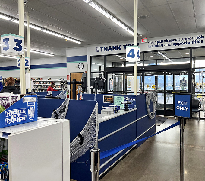 The checkout area reminds shoppers that their bargain hunting supports job training&mdash;making that $3 vintage teapot purchase practically philanthropic.