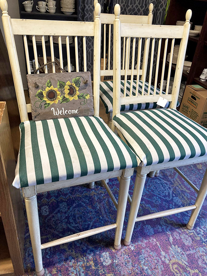 Matching striped chairs with farmhouse charm – your breakfast nook called and it wants these immediately.
