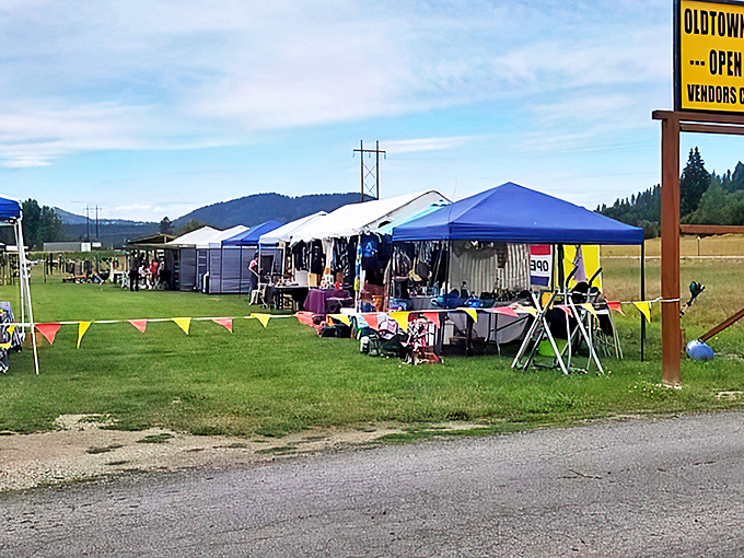 A patchwork of blue canopies creating an impromptu village where yesterday's belongings find tomorrow's homes under watchful mountain sentinels.
