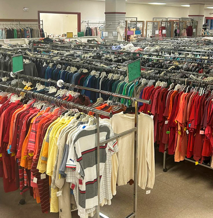 A rainbow of clothing options stretches across the floor, organized by color and size for efficient treasure hunting.