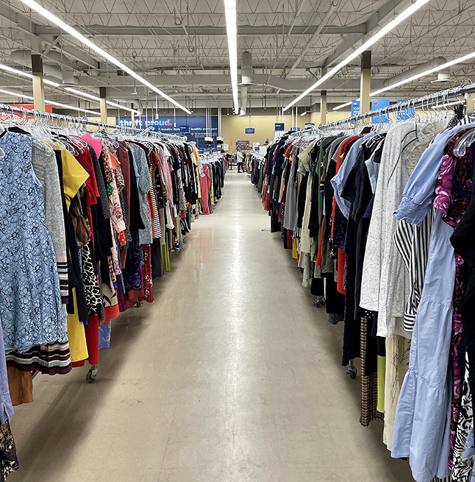 The clothing corridor stretches like a textile canyon, each garment representing someone's former style choice and another person's future fashion statement.