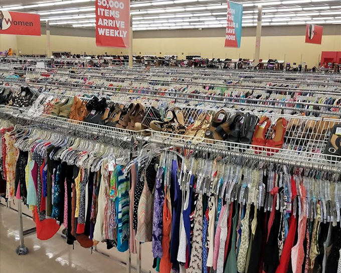The women's clothing section extends seemingly forever, where patience and a good eye yield designer finds at thrift prices.