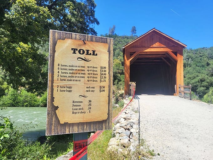 This replica toll sign reminds us that crossing wasn't always free. Eight horses and a wagon would set you back $6&mdash;quite the premium in 1862!