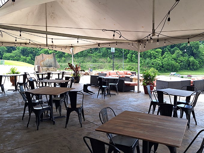 The covered outdoor dining area offers fresh air with your fresh food &ndash; West Virginia's natural beauty becomes part of the experience.