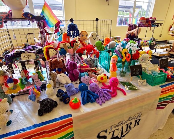 Handcrafted creatures of yarn and fabric create a colorful menagerie of textile art, each one representing hours of someone's creative passion.