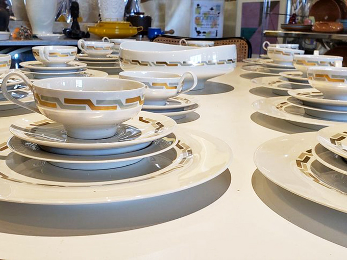 Not just dinnerware, but artifacts from an era when matching sets mattered and Sunday dinner was an event worthy of these golden-trimmed plates.