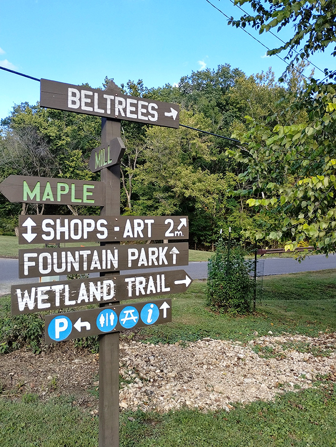 This charming directional sign points to Elsah's attractions. When "Wetland Trail" makes the highlights list, you know you've escaped city life.