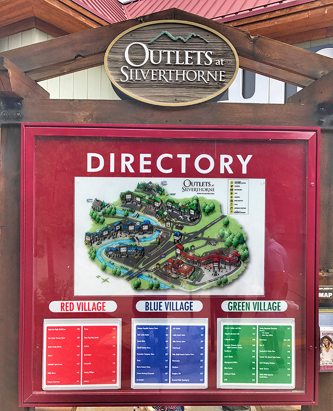 The master map reveals the genius of the three-village design &ndash; Red, Blue, and Green villages spread like a retail archipelago waiting to be explored.