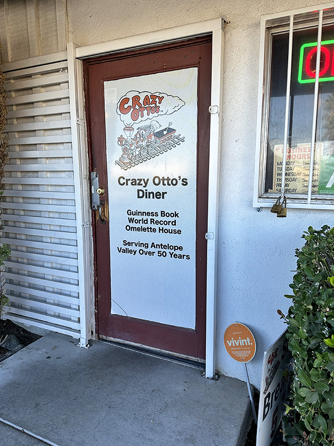 The door that launched a thousand omelettes. Proudly displaying its Guinness World Record status and 50+ years of service to the Antelope Valley.