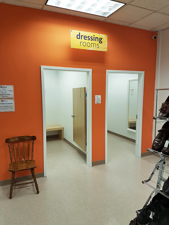 Orange-walled dressing rooms with actual doors and mirrors mean you can try before you buy like a civilized human being.