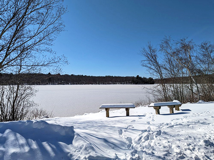 Winter transforms Hopkinton into a serene snowscape where the only sounds might be the distant call of a chickadee or your own peaceful thoughts.