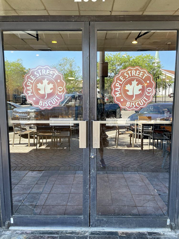 The gateway to carbohydrate heaven. These doors have welcomed countless hungry souls seeking the transformative power of a perfect biscuit.