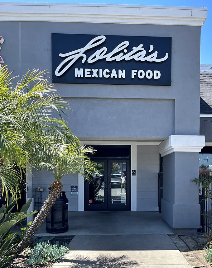 The entrance to Lolita's: a portal to flavor country. Palm trees stand guard like sentinels protecting a temple of Mexican cuisine.