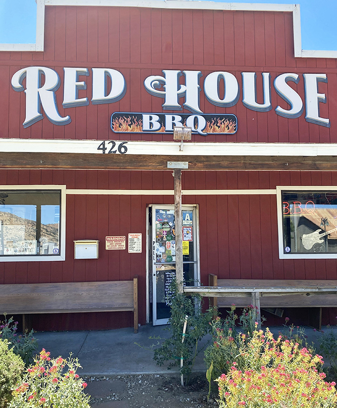 The entrance promises what lies within&mdash;a no-nonsense approach to serious barbecue, framed by California wildflowers and mountain air.