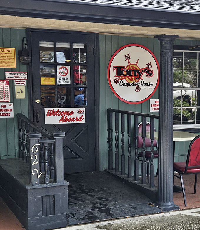 The entrance promises a warm "Welcome Aboard" experience. That compass logo isn't just decoration&mdash;it's guiding hungry sailors home.