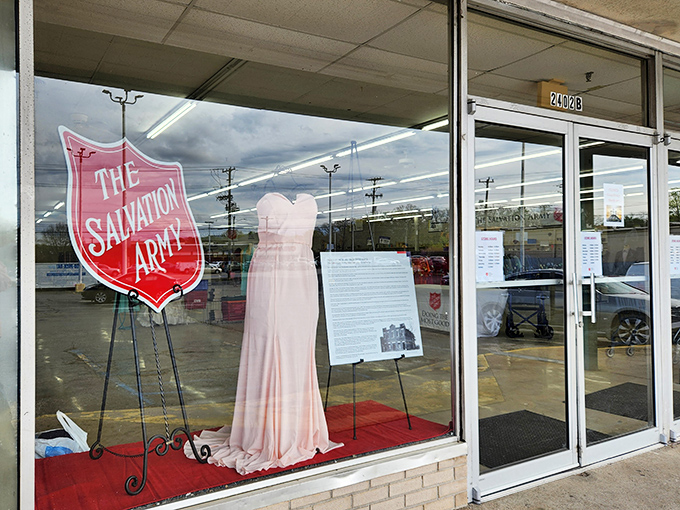 Window display artistry at its finest. That blush gown has probably seen one special night – and is ready for another with a new owner who appreciates second chances.