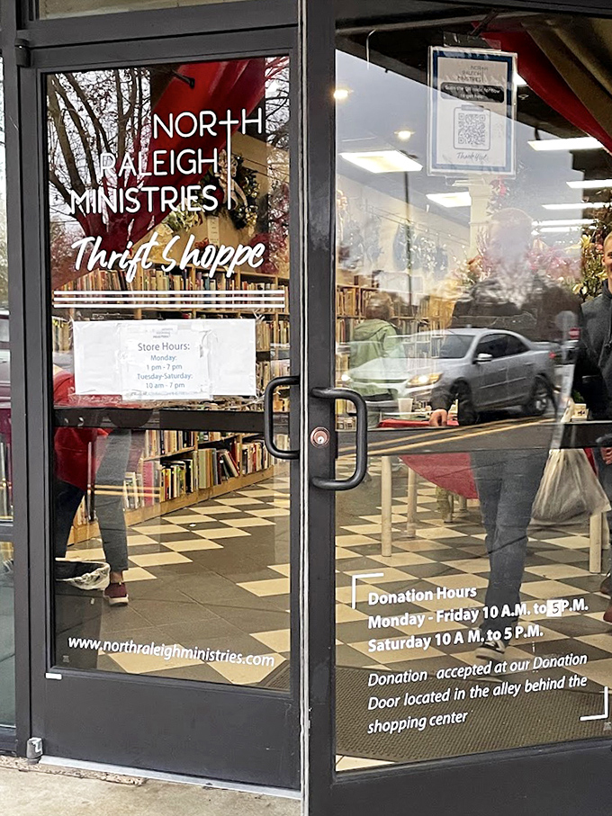 The welcoming entrance tells the story: this isn't just shopping, it's community service with store hours and donation instructions clearly posted.