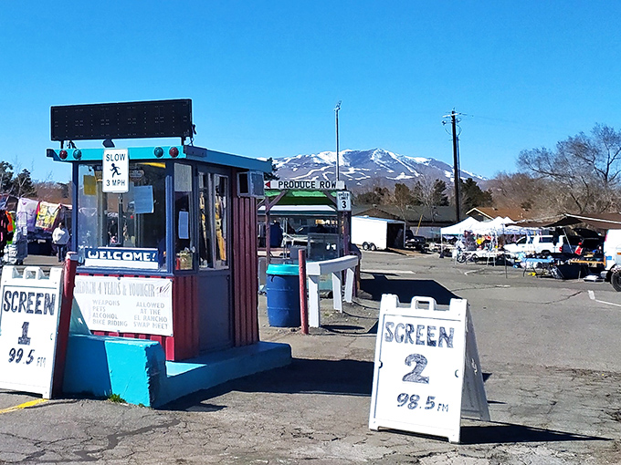 The market's humble entrance booth stands sentinel against the majestic Nevada mountains, collecting modest admission fees for unlimited possibilities.