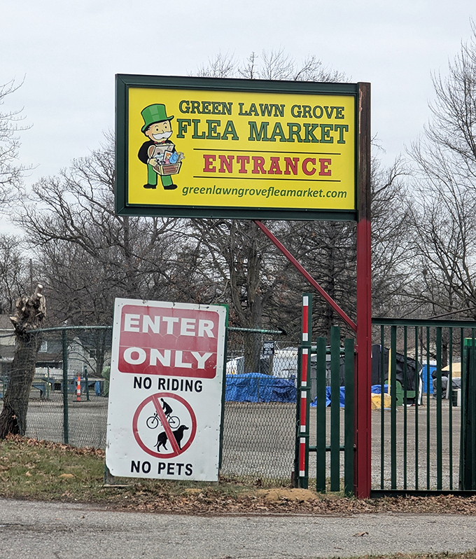 The cheerful leprechaun mascot welcomes bargain hunters to their happy place&mdash;no riding bikes, no pets, just pure shopping bliss.