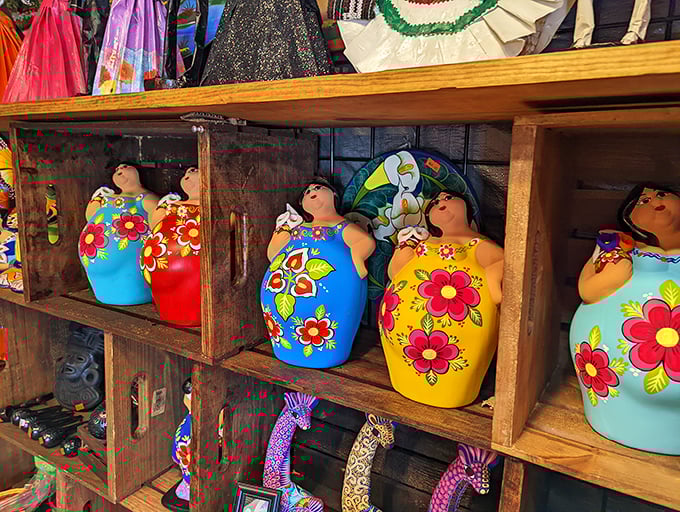 Colorful folk art figurines with personality to spare. These cheerful ladies would brighten any shelf while judging your decorating choices.