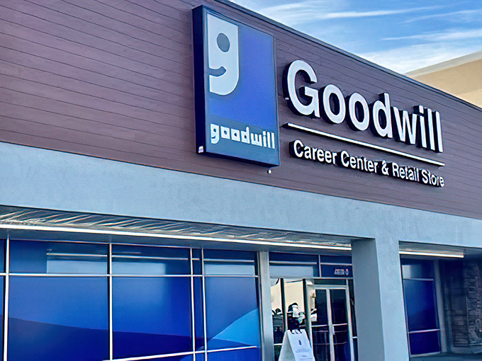 The iconic blue and white signage gleams in the sunlight, a beacon for bargain hunters and sustainability-minded shoppers alike.