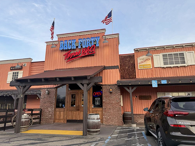Two American flags fly proudly above this temple of Texas BBQ, promising patriotic flavors that'll make your taste buds stand at attention.