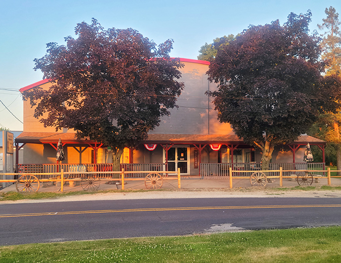 As sunset bathes the building in golden light, Pleasant Hill transforms into a storybook setting. Those wagon wheels have rolled into retirement.