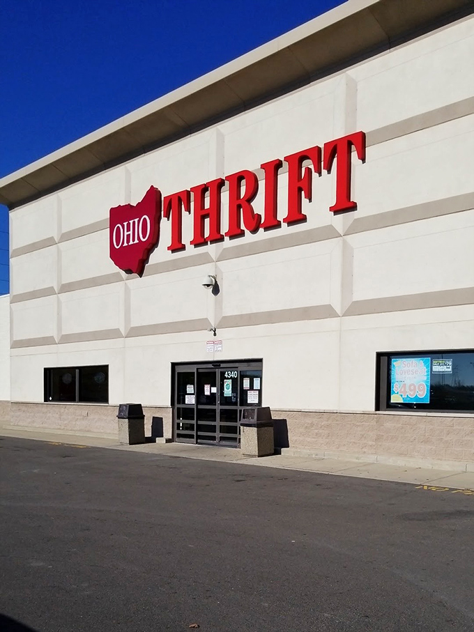 The bright blue sky frames Ohio Thrift's exterior like nature itself is highlighting the day's best shopping destination.