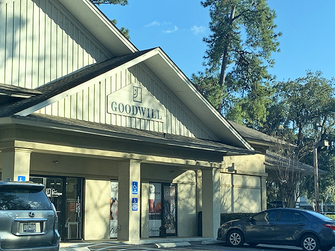 Bathed in golden afternoon light, this Goodwill outpost stands ready to welcome treasure hunters and budget-conscious shoppers alike.
