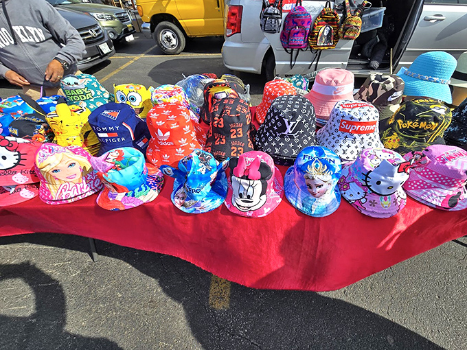 Bucket hat heaven for the fashion-forward or sun-conscious. SpongeBob and Louis Vuitton logos coexist in this democratic display of headwear.