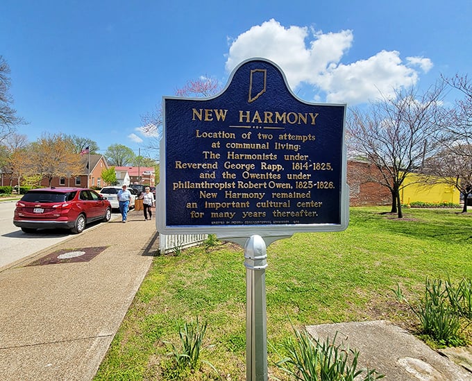 This historical marker tells New Harmony's utopian story without the spoiler alert that perfect societies are harder to maintain than sourdough starter.