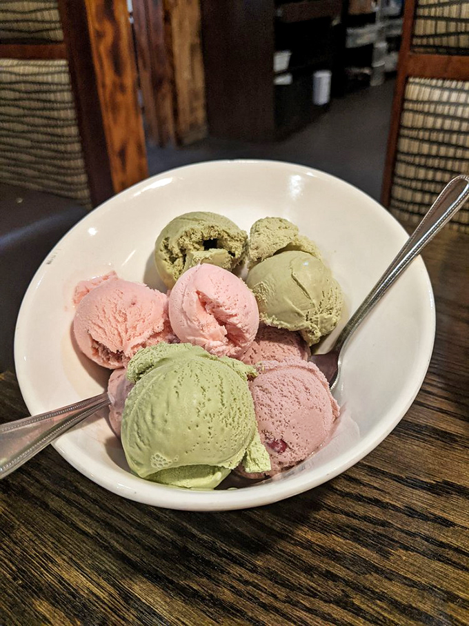 Ice cream in colors that would make a pastel artist weep with joy, scooped generously because life's too short for tiny desserts.