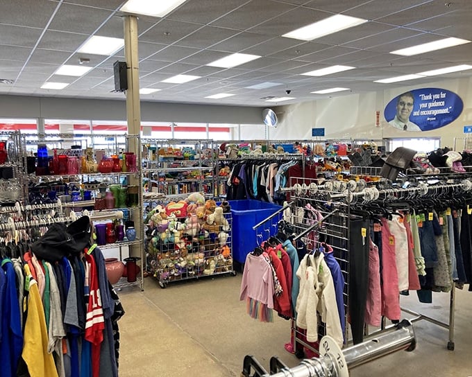 Every corner offers a new category of possibility. The blue bin of stuffed animals might hold someone's next beloved bedtime companion.