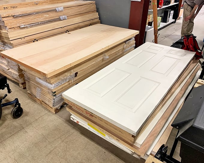 Stacks of interior doors offer transformation potential&mdash;your hallway renovation just became surprisingly affordable and achievable.