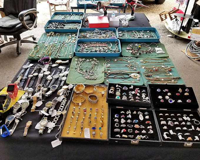 Treasure trays of jewelry where vintage Timex watches neighbor costume pearls and possibly-real gemstones. Dig in and discover!