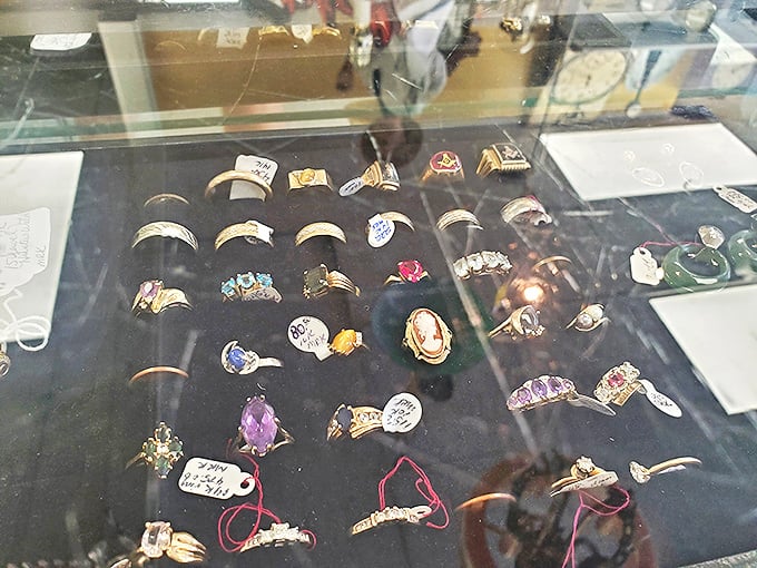 A treasure chest of vintage rings that proves jewelry shopping was an art form long before mall kiosks and online stores existed.
