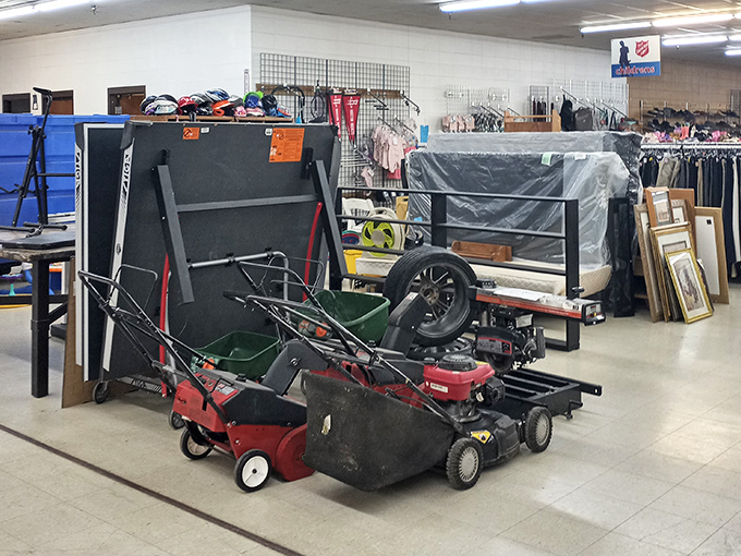 The lawn equipment section&mdash;where suburban dreams of perfect yards come with significant discounts and slightly worn handles.
