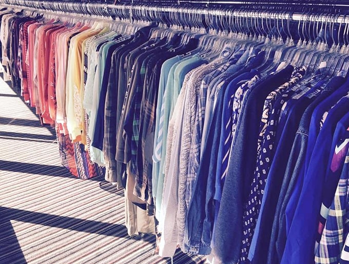 The satisfying symmetry of a well-organized clothing rack &ndash; where fashion treasures await discovery by the patient and persistent shopper.