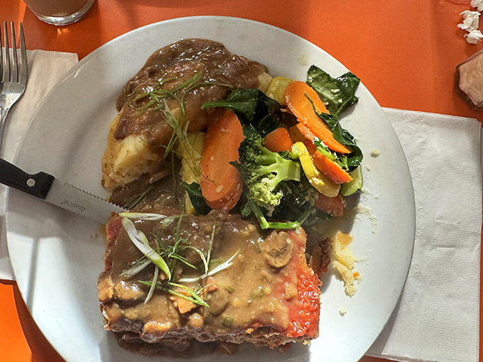 Meatloaf that would make your grandmother both jealous and proud, smothered in gravy that should be classified as a controlled substance.